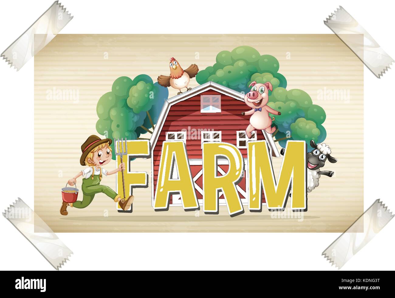 Flashcard for word farm with farmer and animals illustration Stock ...