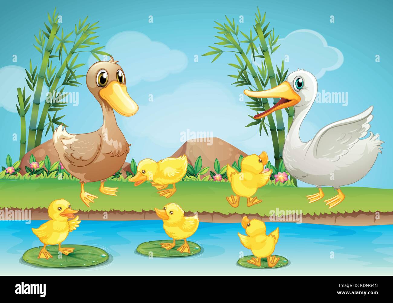 Mother duck and ducklings at the river illustration Stock Vector Image ...
