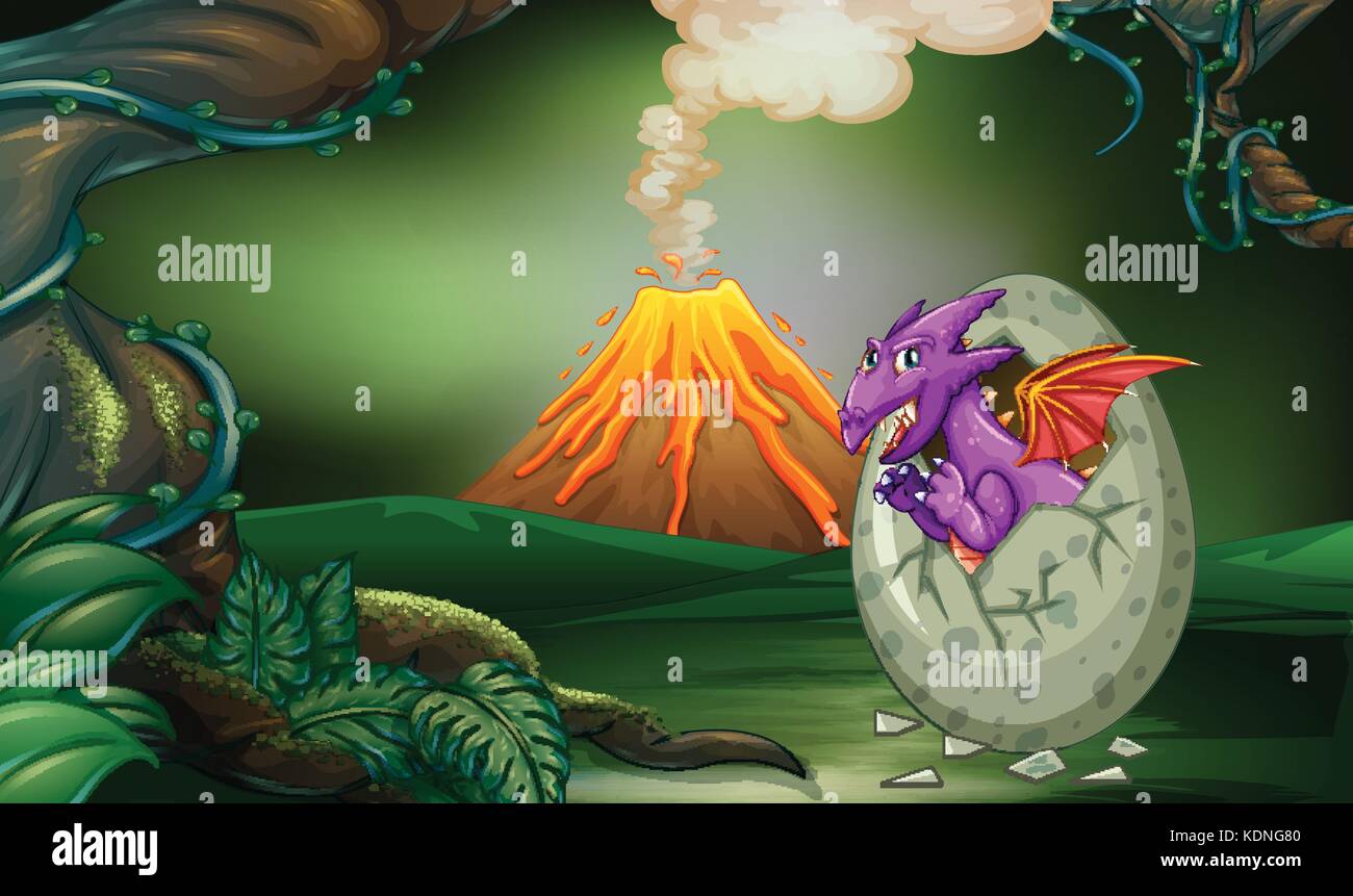 Forest scene with dragon hatching egg illustration Stock Vector Image ...