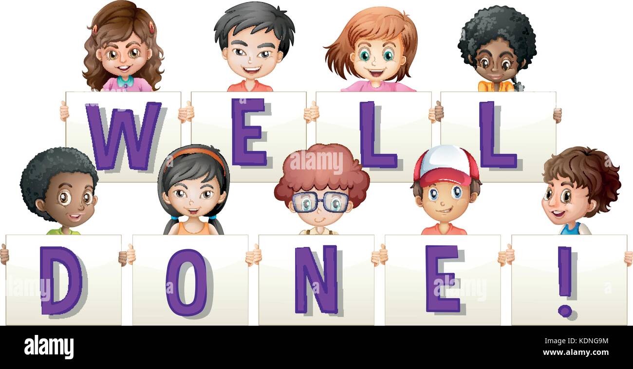 Children holding sign for word well done illustration Stock Vector ...