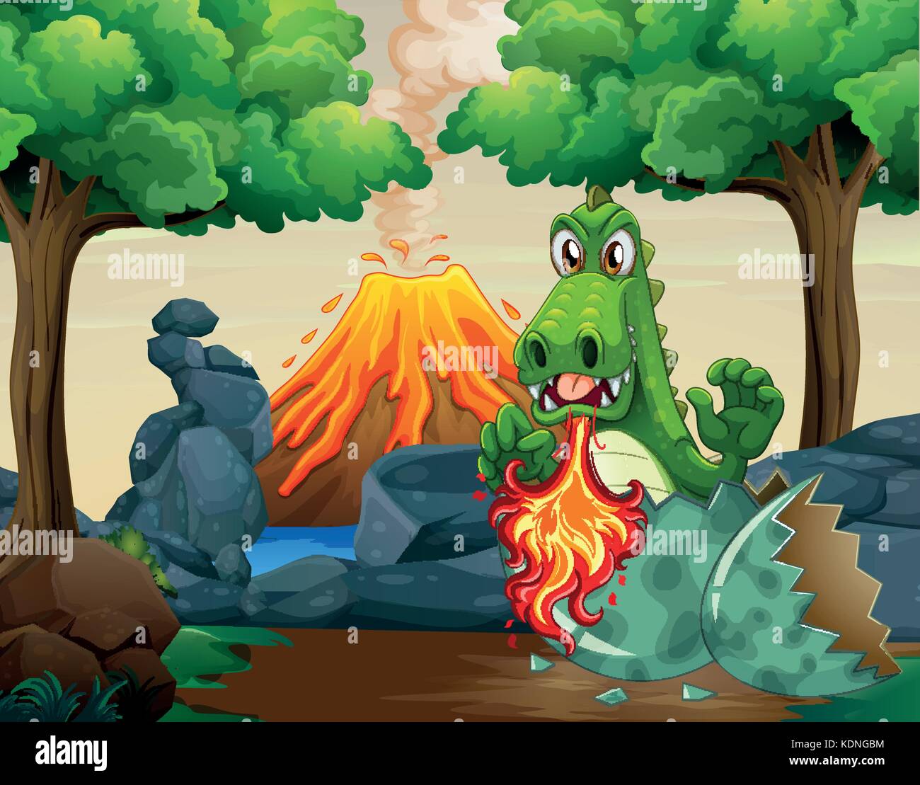 Green dragon hatching egg in forest illustration Stock Vector Image ...