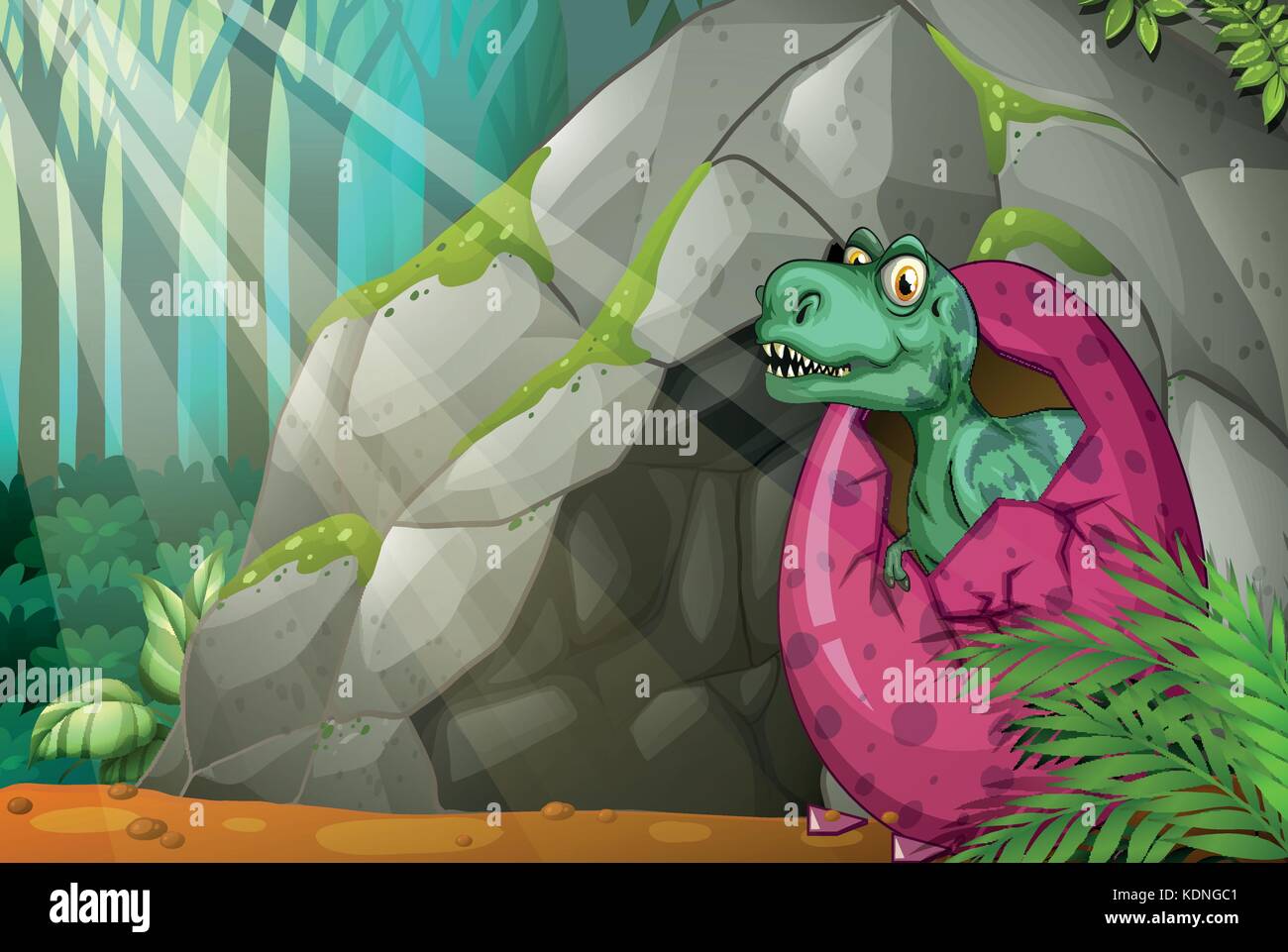 Dinosaur hatching egg in front of cave illustration Stock Vector Image ...