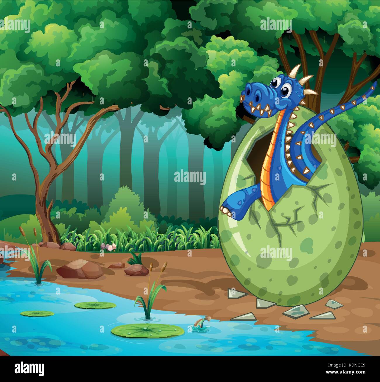 Forest scene with blue dragon hatching egg illustration Stock Vector ...