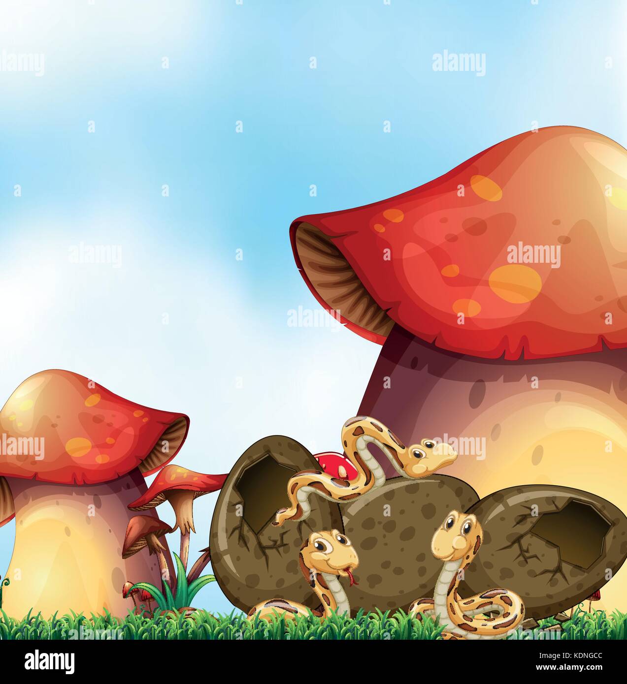 Garden scene with three snakes and mushrooms illustration Stock Vector ...