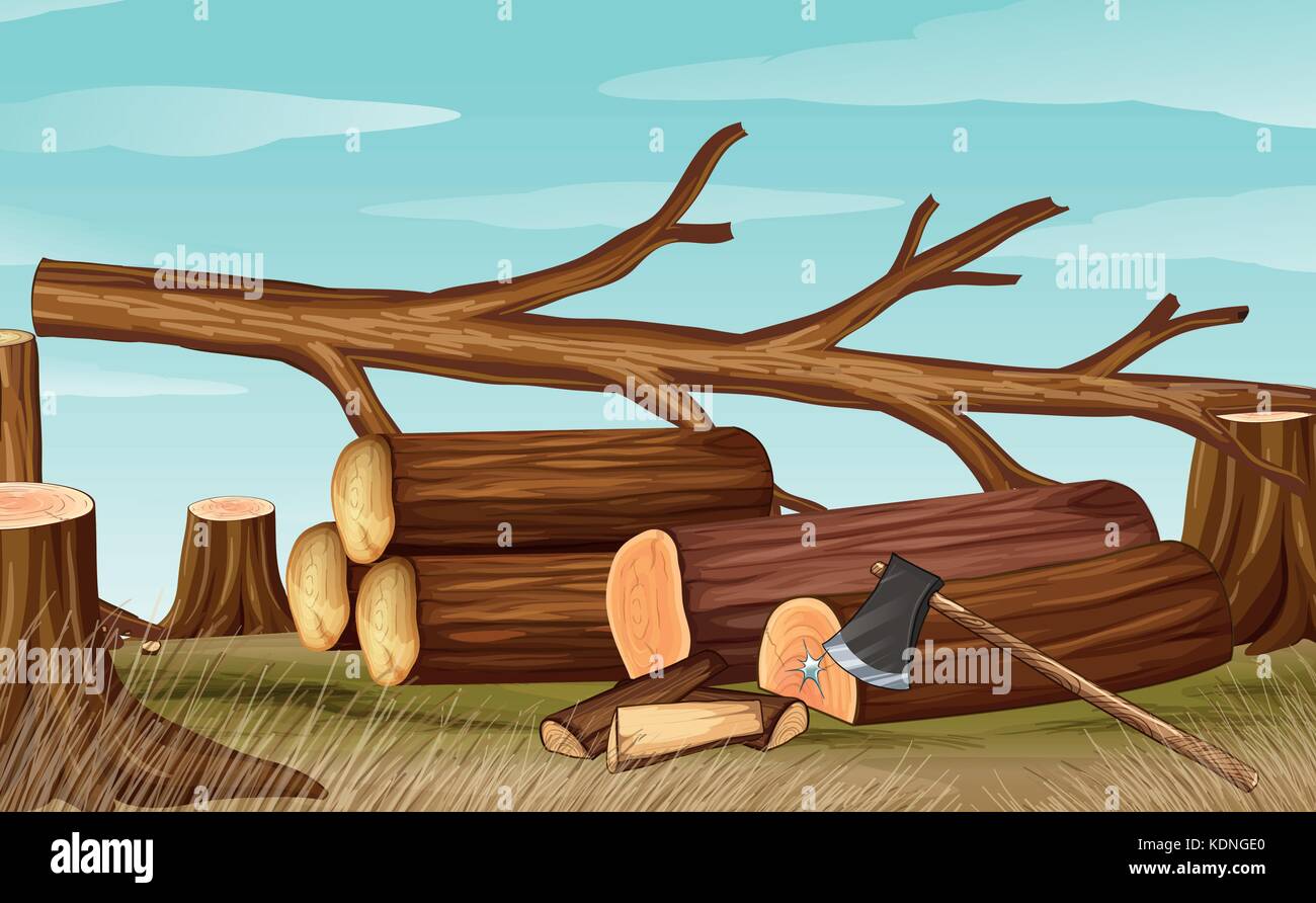Deforestation scene with firewoods and axe illustration Stock Vector ...