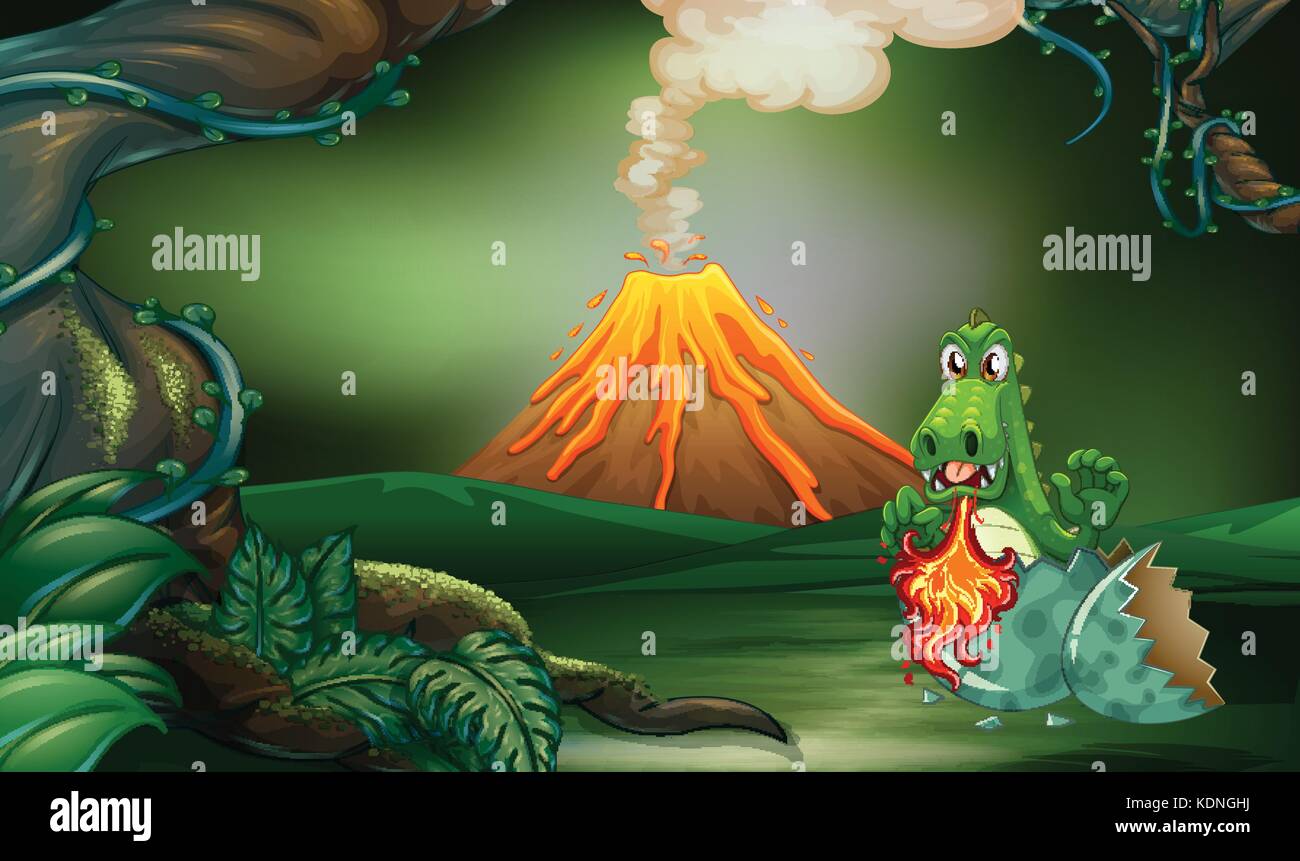 Volcano scene with dragon blowing fire illustration Stock Vector Image ...