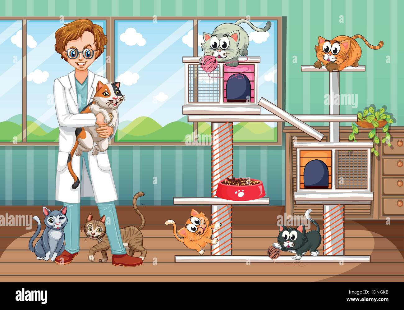 Vet and many cats in animal home illustration Stock Vector Image & Art ...