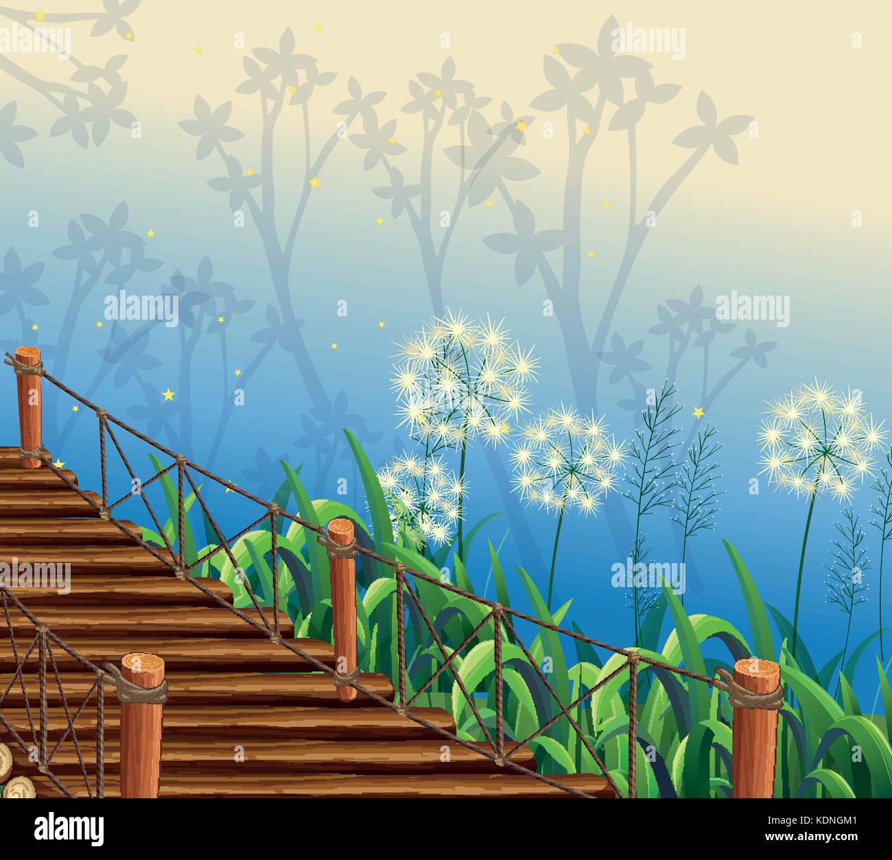 Scene with grass and wooden bridge illustration Stock Vector Image ...