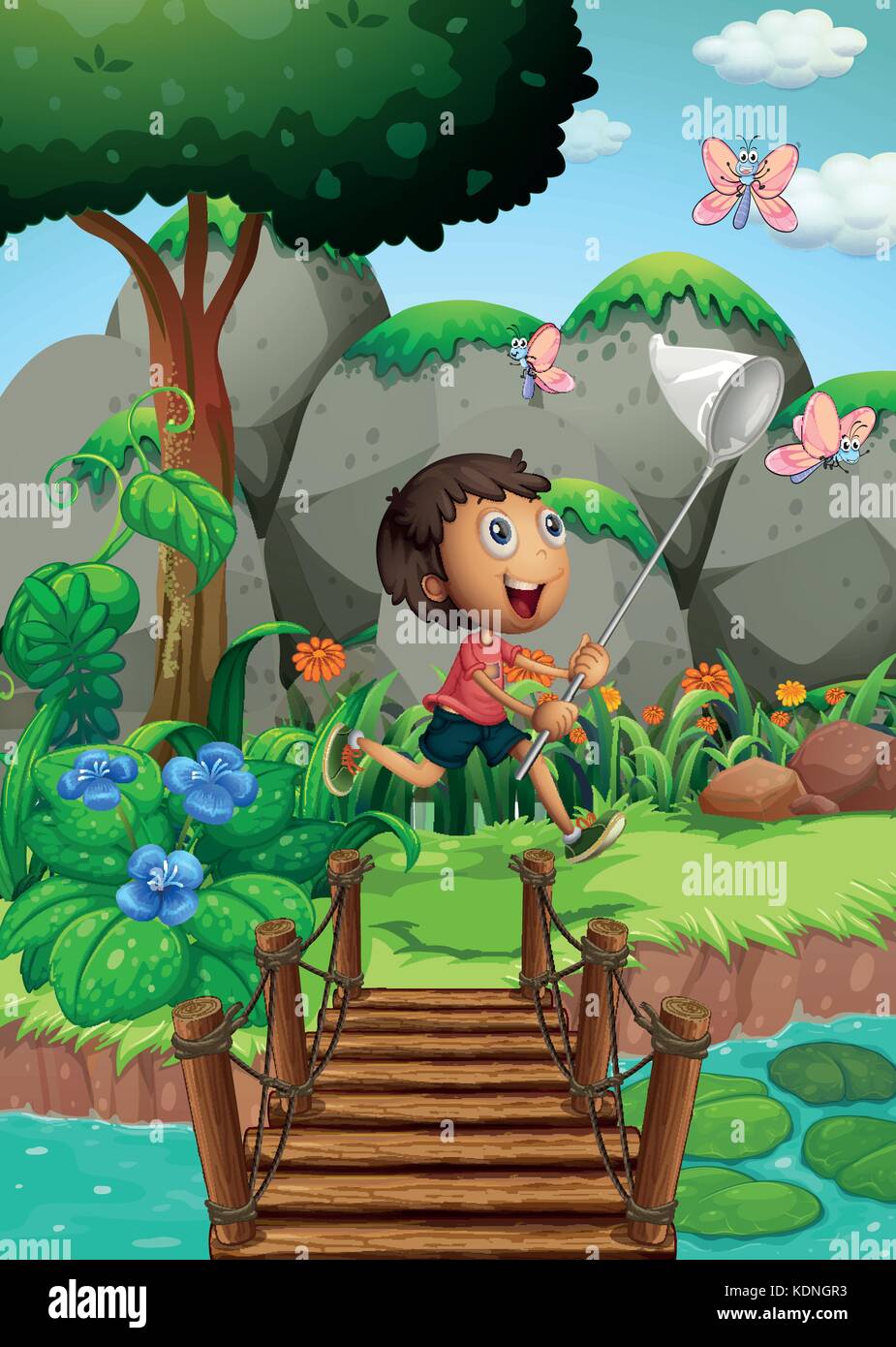 Scene with boy catching insects in garden illustration Stock Vector ...