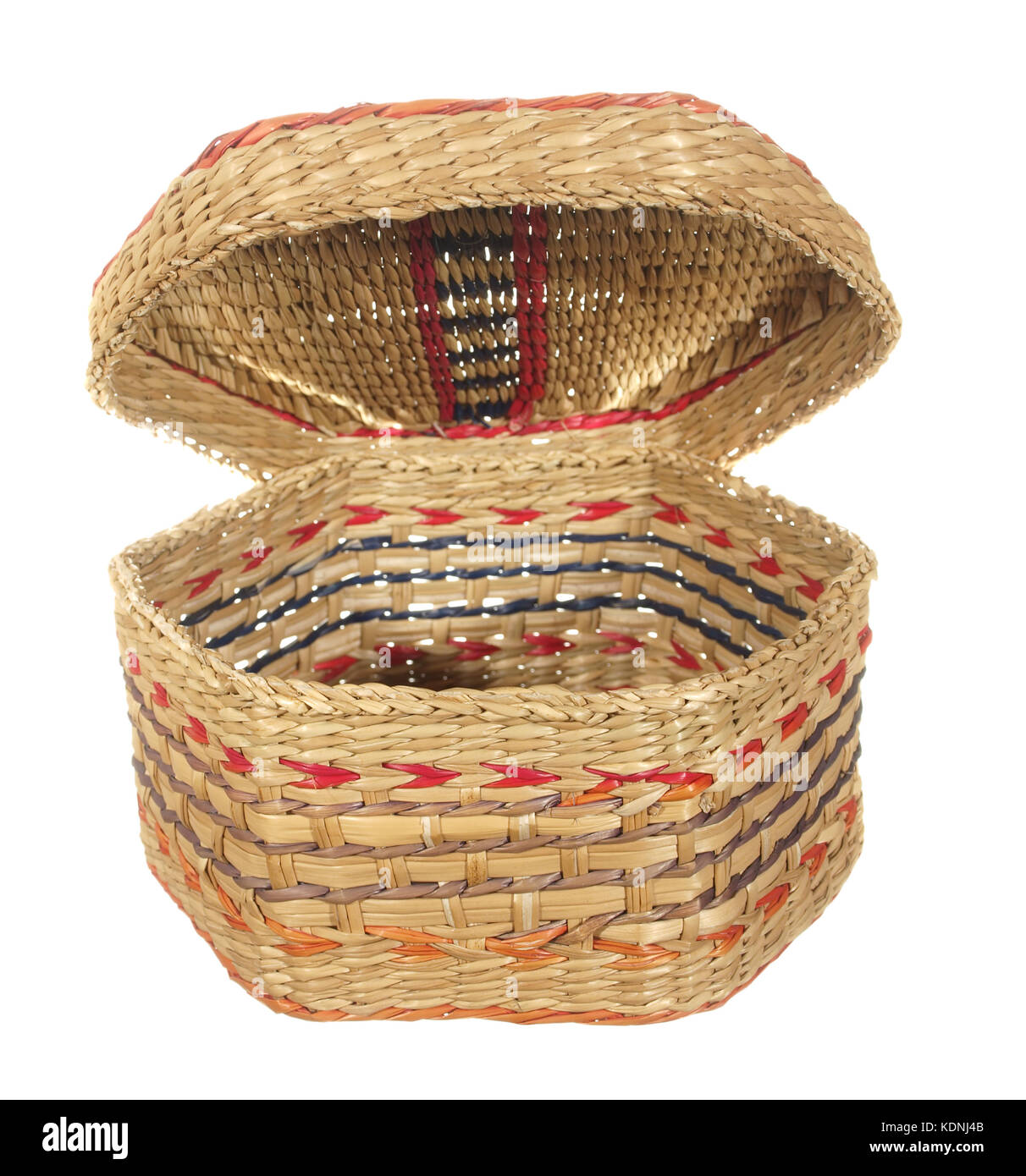Empty decorative basket of hexagonal shape with an open lid isolated on ...
