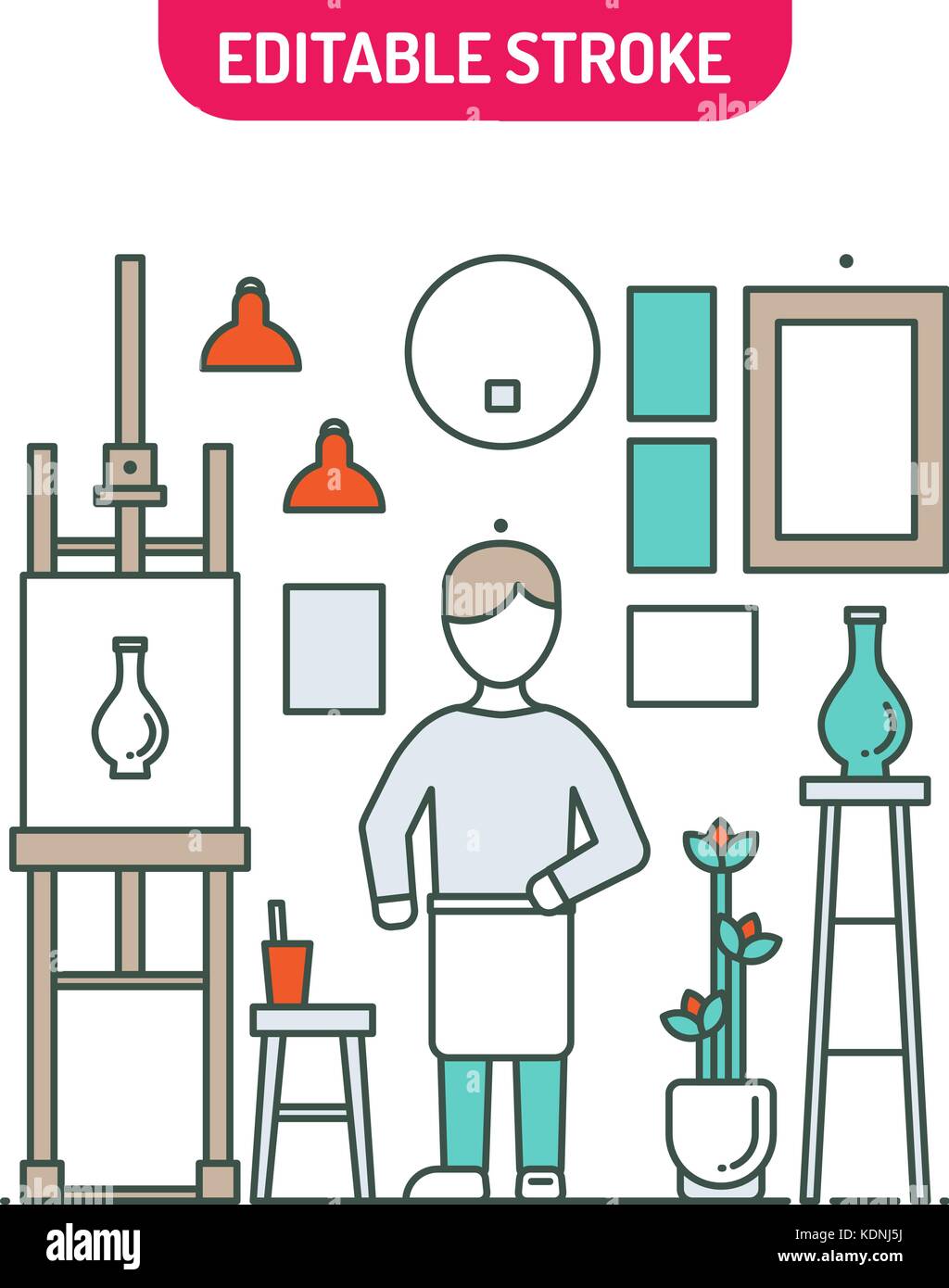 Linear art workshop. Artist painting picture in studio line art. Vector ...