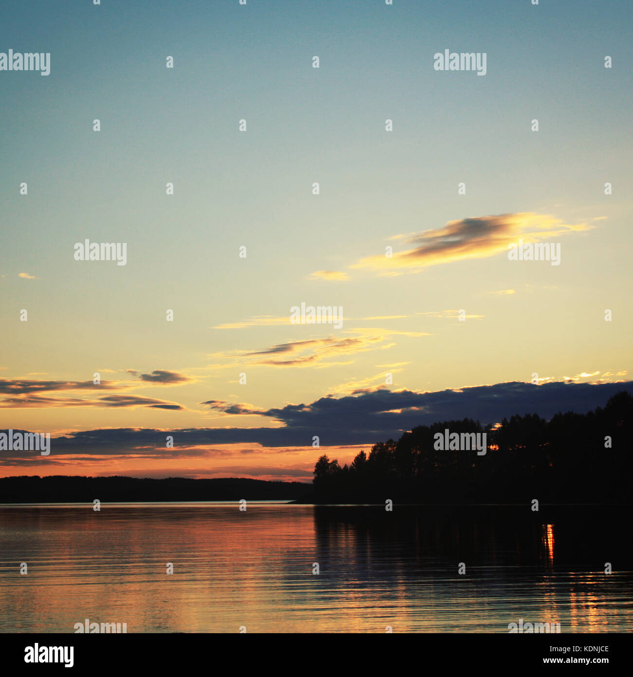 Sunset. Kenozero lake. Aged photo. Russian north. Beautiful northern ...