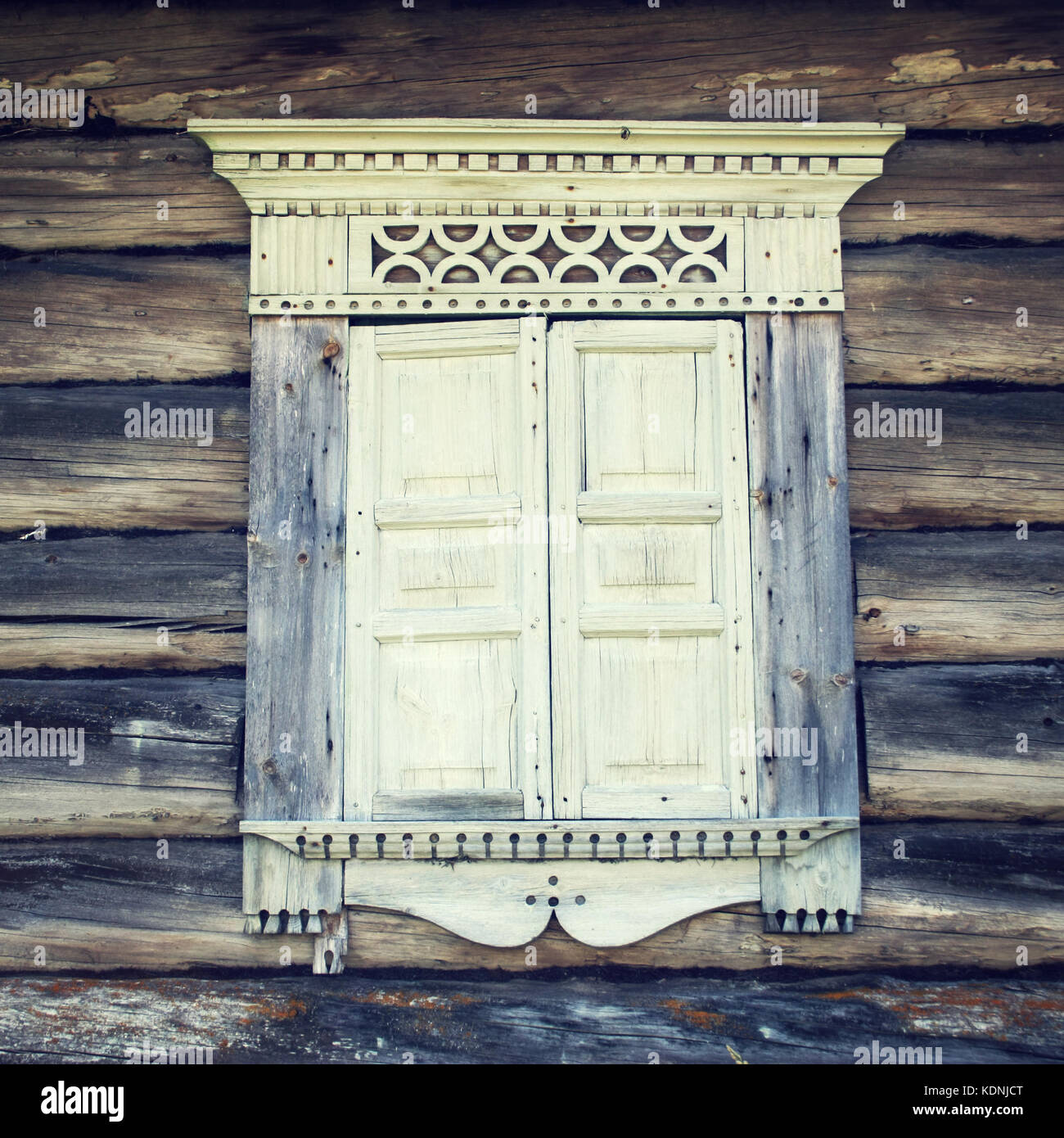 Abandoned house. Window frame with architraves and shutters. Facade of ...