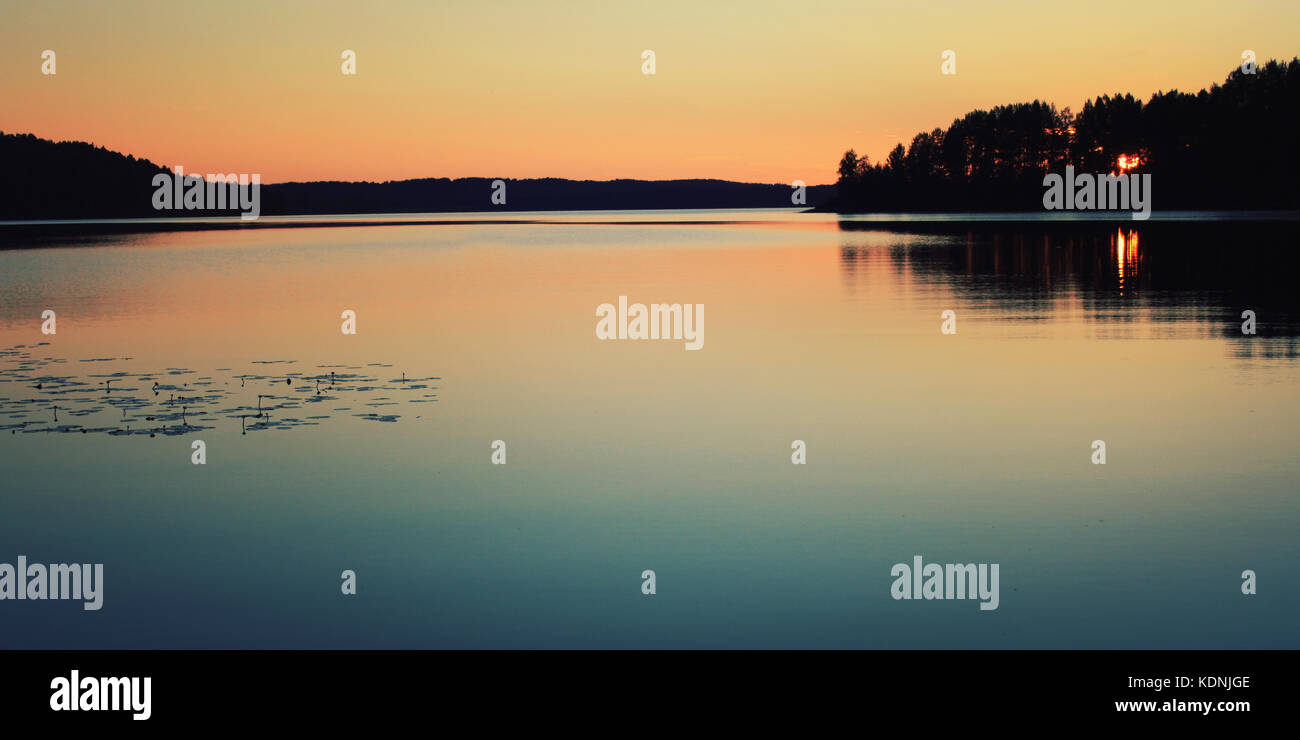 Beautiful northern landscape. Aged photo. Wild nature of Russian North ...