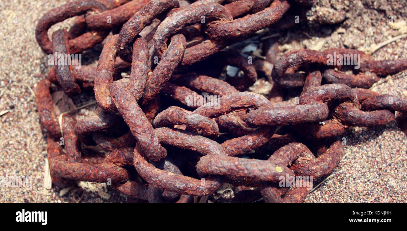 Old rustic chain on the beach. Aged photo. Wide. Unnecessary boat ...