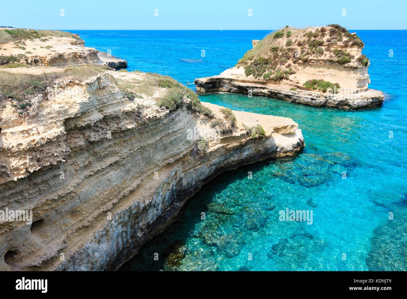 Picturesque seascape with white rocky cliffs, sea bay and islets at ...