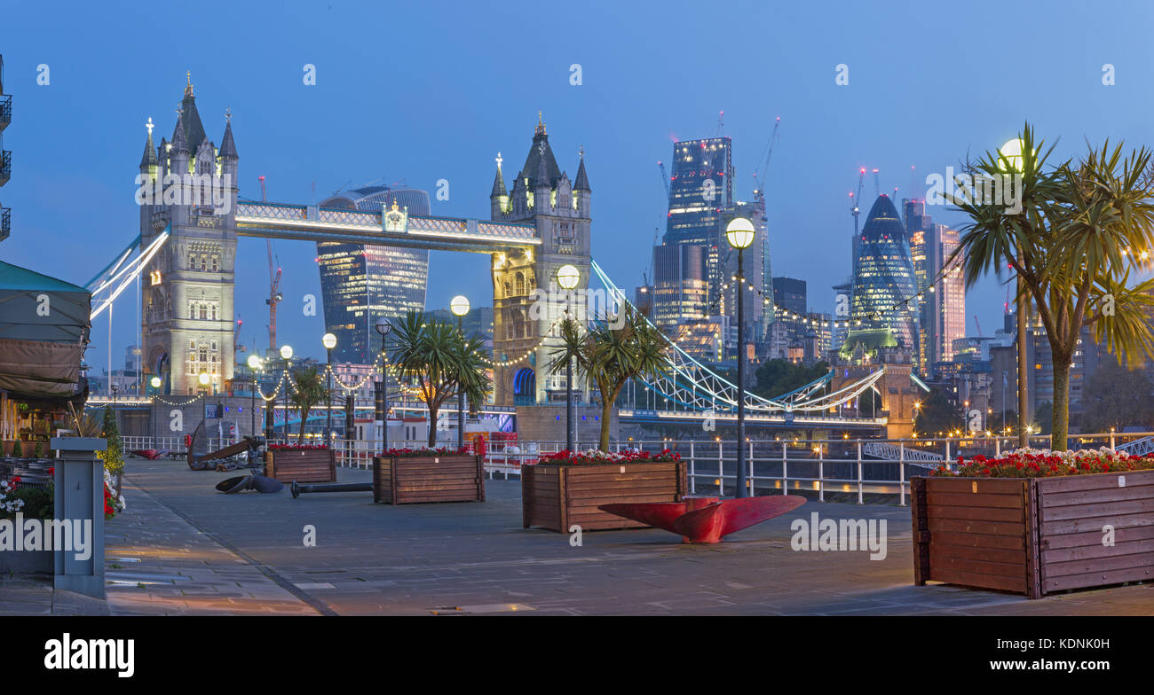 London - The Tower Bride, promenade and skyscrapers at dusk Stock Photo ...