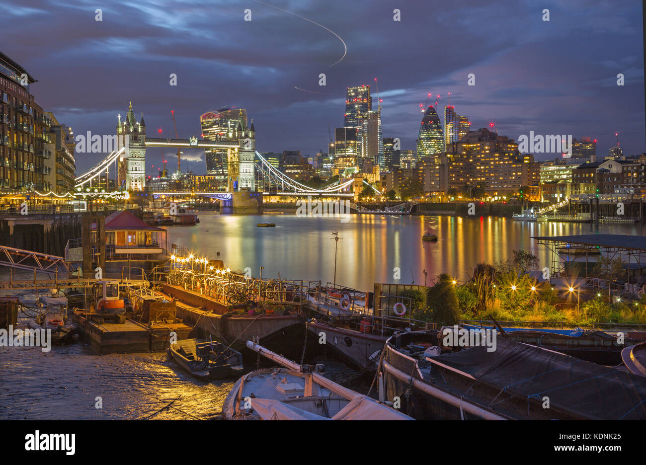 London - The Tower Bride, ships and skyscrapers at dusk Stock Photo - Alamy