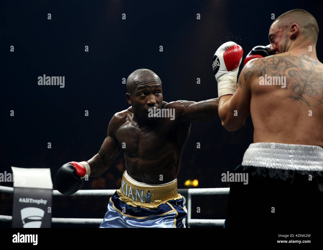 Kian Thomas (left) against Ferenc Katona in the Welterweight bout at ...