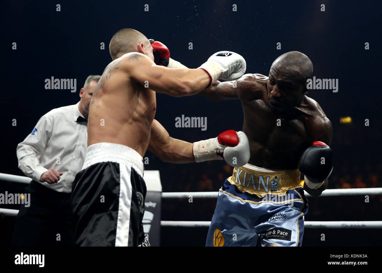 Kian Thomas (right) against Ferenc Katona in the Welterweight bout at ...