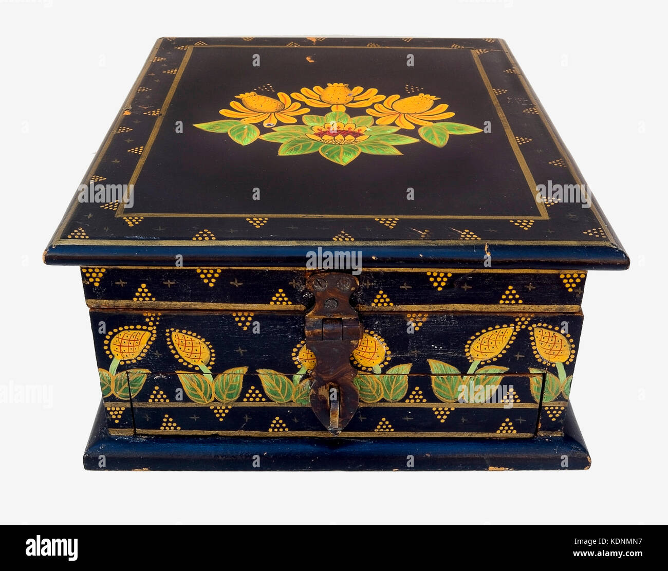 Mysterious vintage black lacquered floral pattern box with rusty lock ...