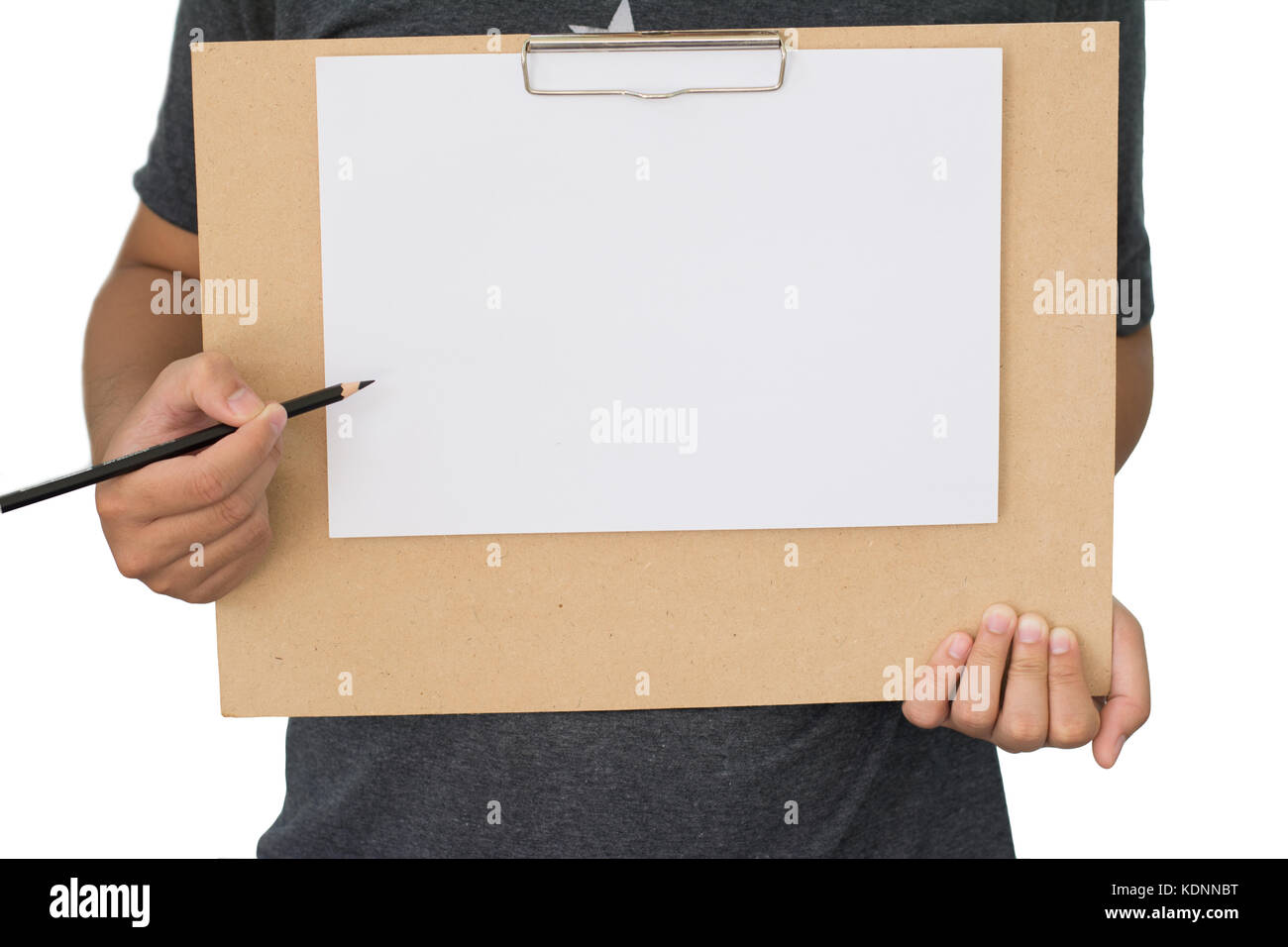 hand holding blank crumpled note on borad isolated on white background ...