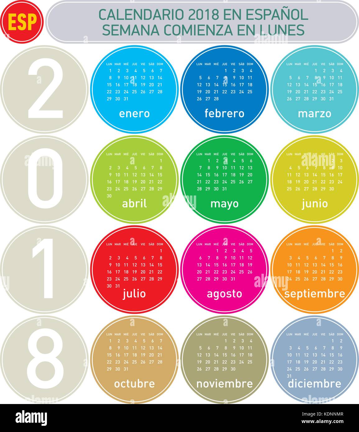 Colorful Calendar for Year 2018, in Spanish. Week starts on Monday ...