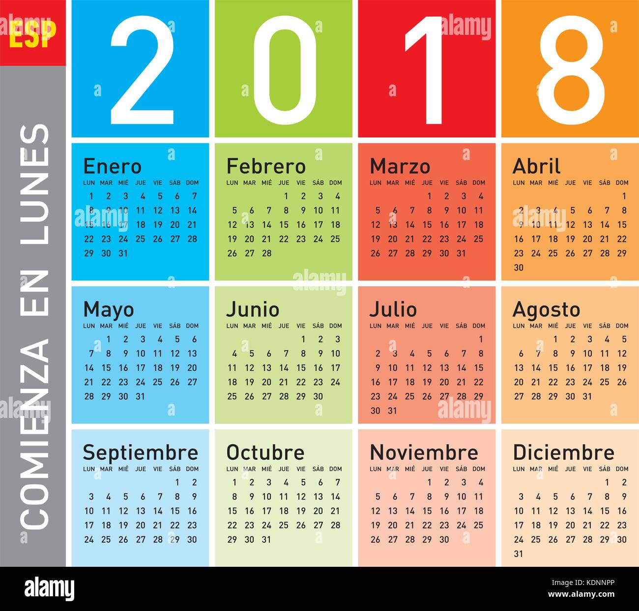 Colorful Calendar for Year 2018, in Spanish. Week starts on Monday ...
