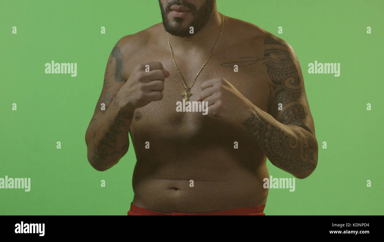 Man Boxing on green screen. Man standing in battle stance and boxing ...