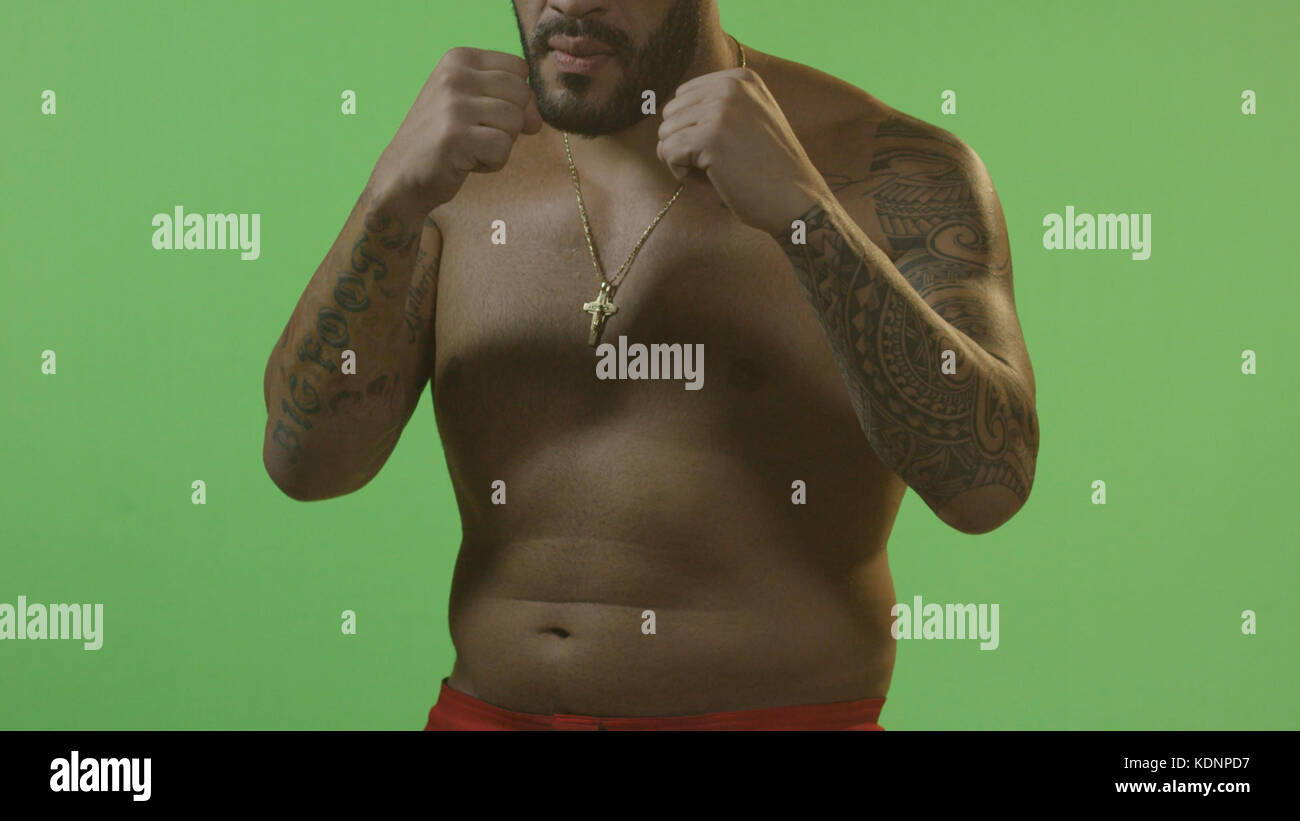 Man Boxing on green screen. Man standing in battle stance and boxing ...