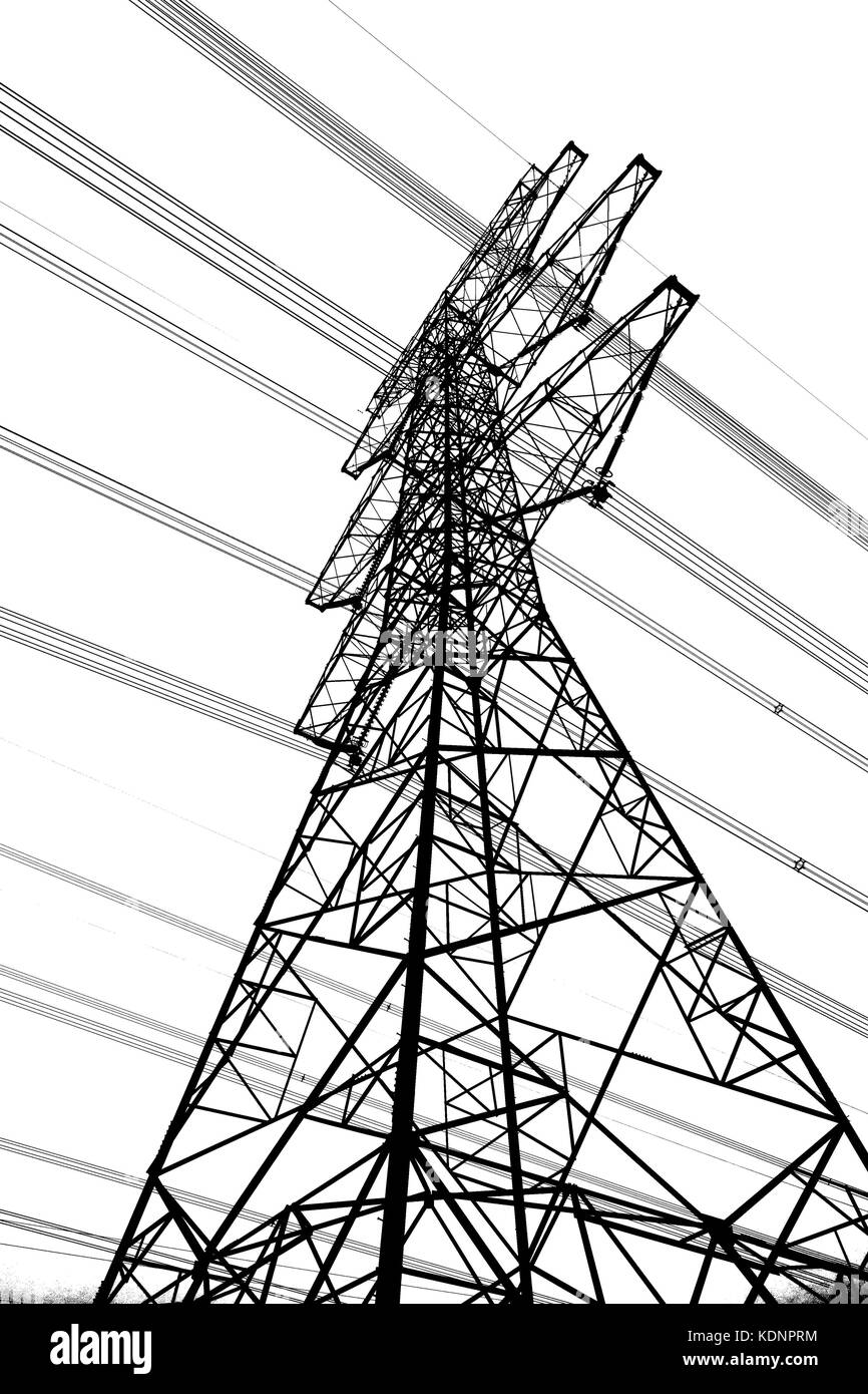 overhead power line isolated on white background Stock Photo - Alamy