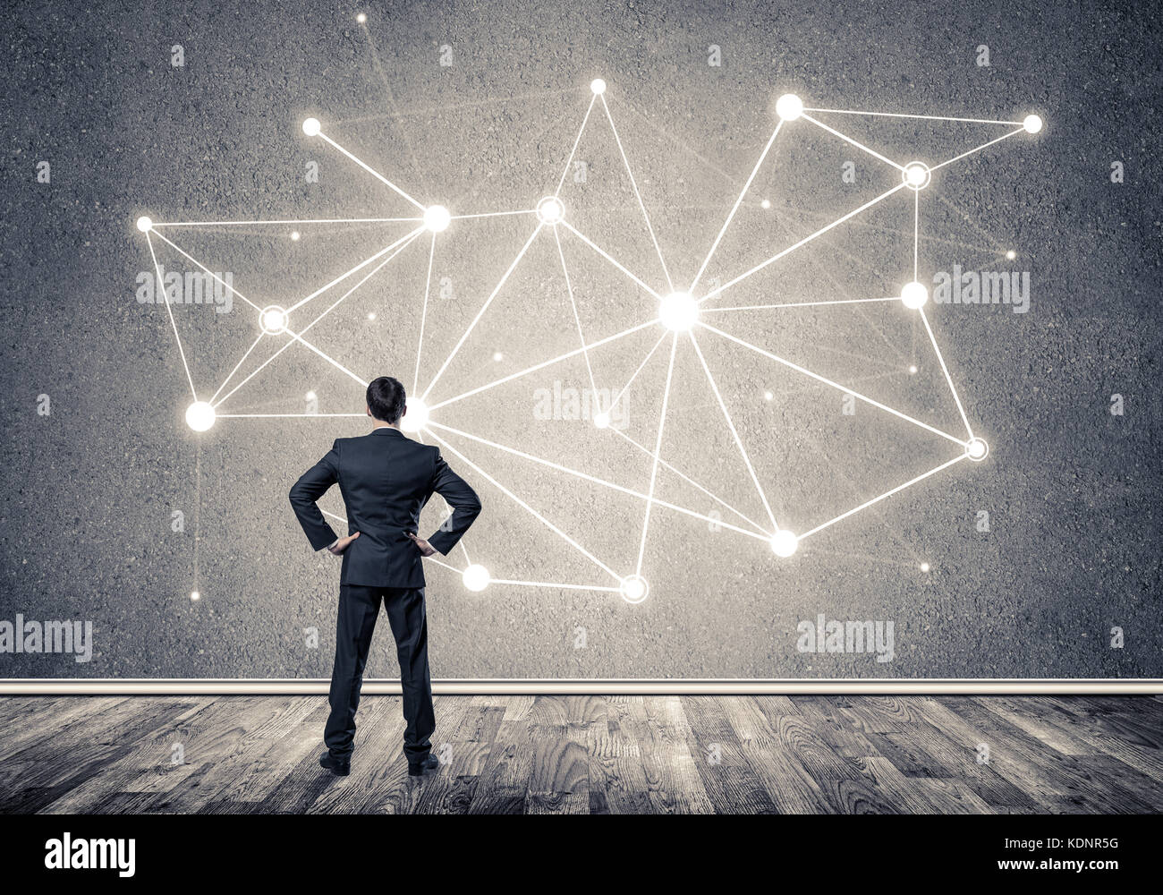 Connection lines drawn on concrete wall as symbol for networking Stock ...