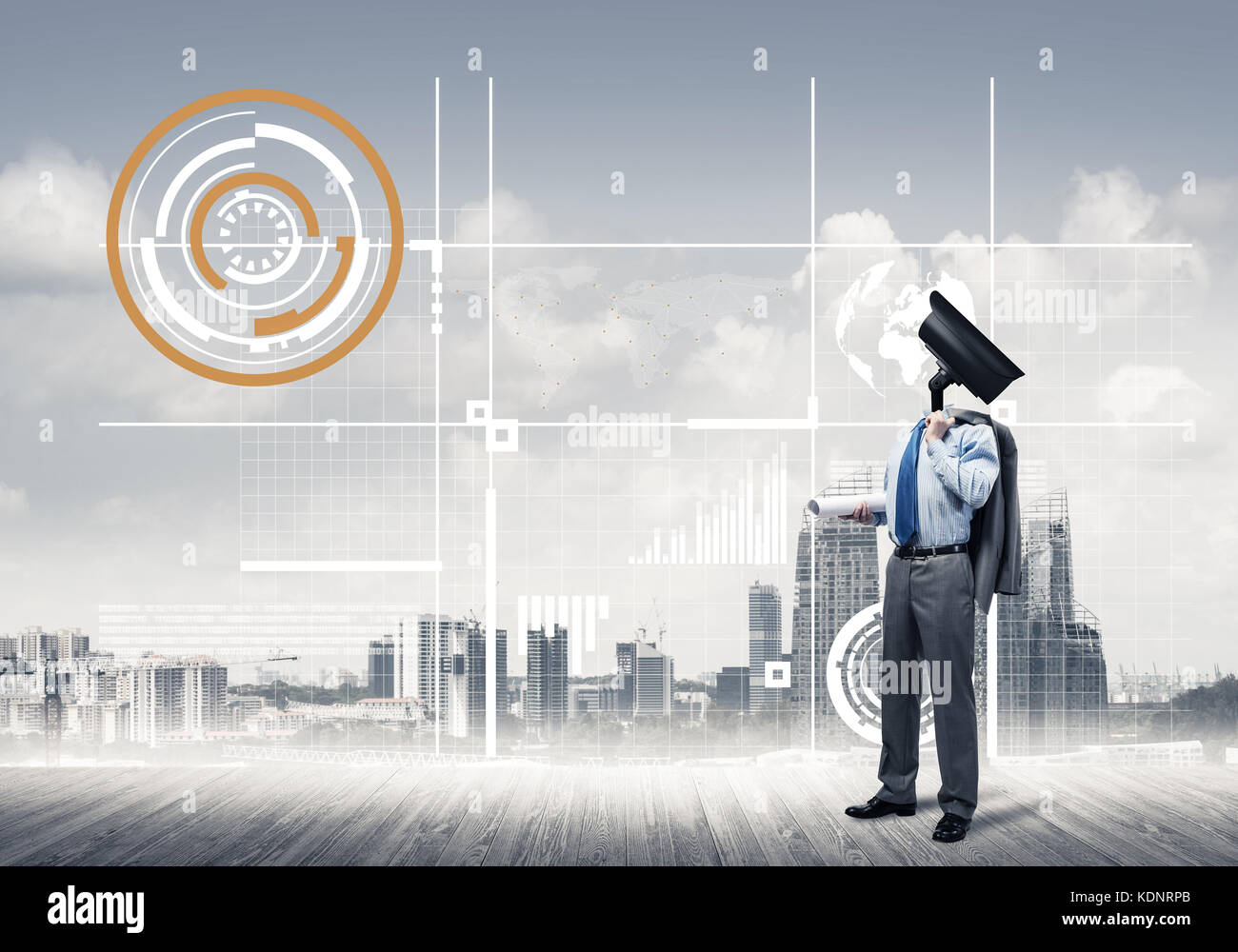 Camera headed man standing on wooden floor against modern citysc Stock ...