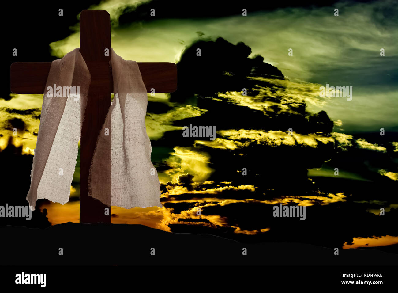 Dramatic lighting on Christian cross as storm clouds background Stock ...