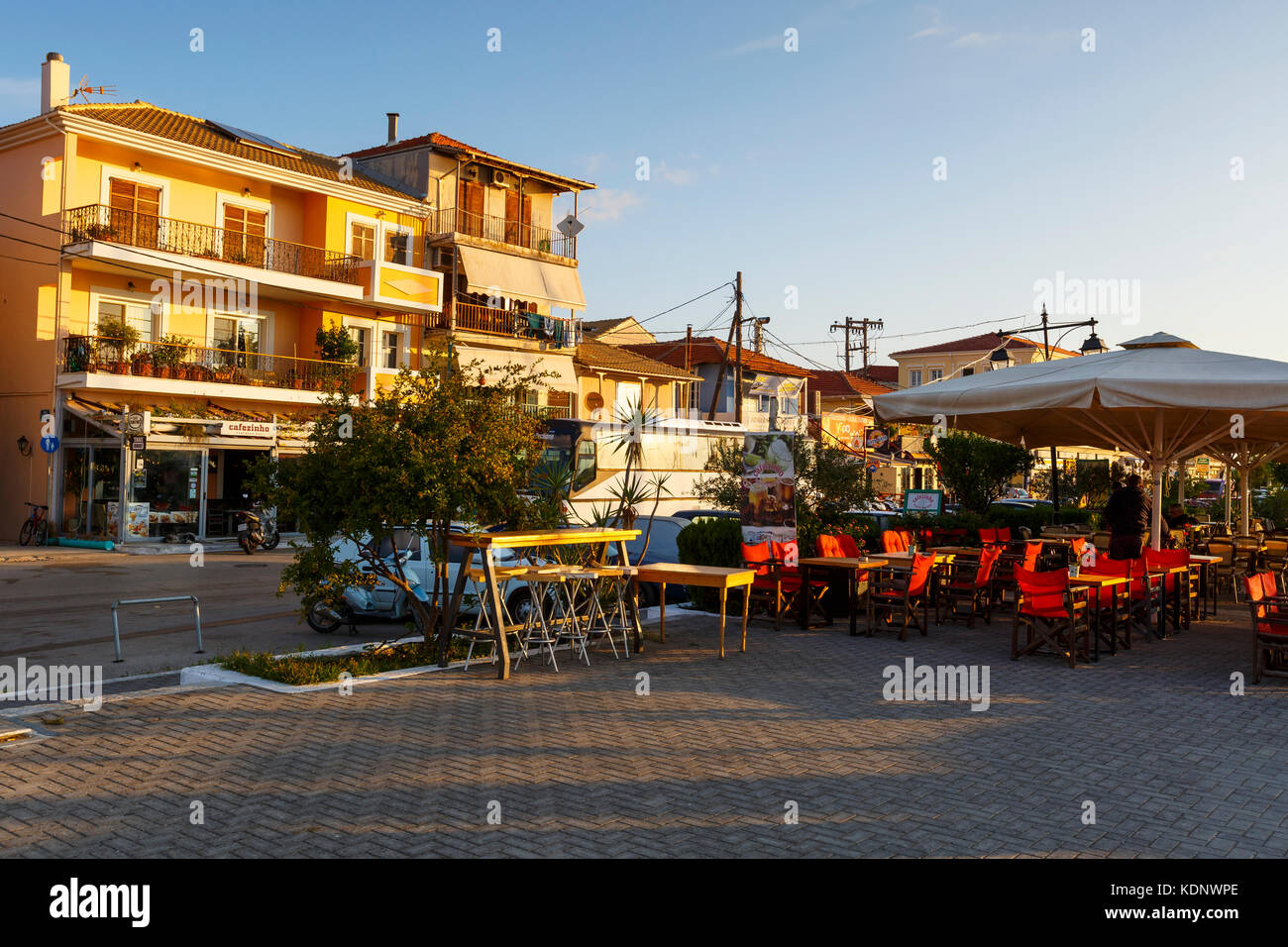 Coffee shop at the seafront of Lefkada harbour in Greece Stock Photo ...