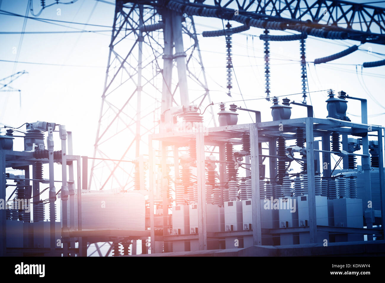 Electrical substation silhouette on the dramatic sunset background ...