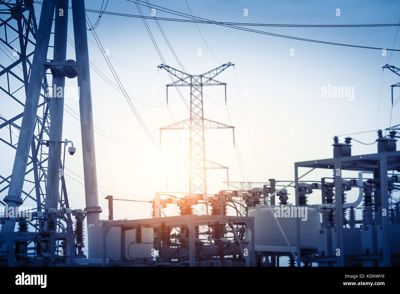 Electrical substation silhouette on the dramatic sunset background ...