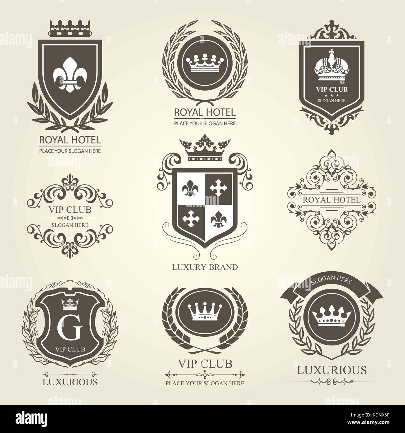 Luxurious heraldic emblems and badges with shields and crowns Stock ...