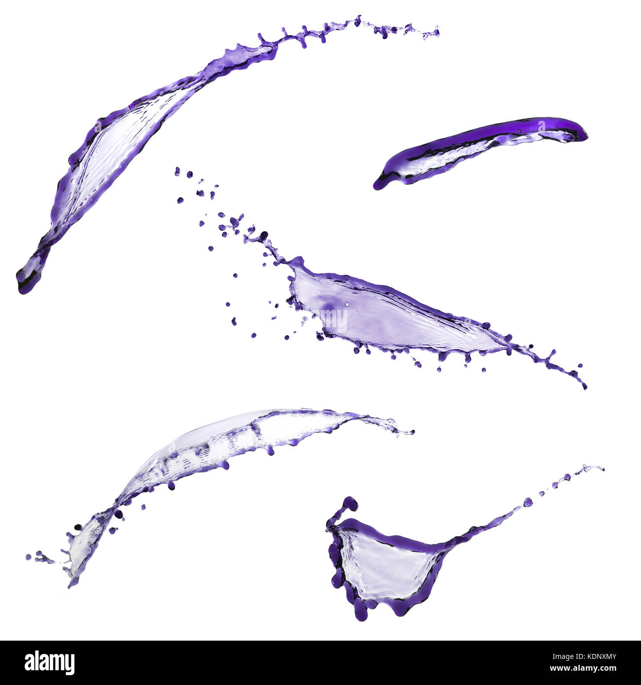 Beautiful collection of flying purple splashes and drops isolated over ...