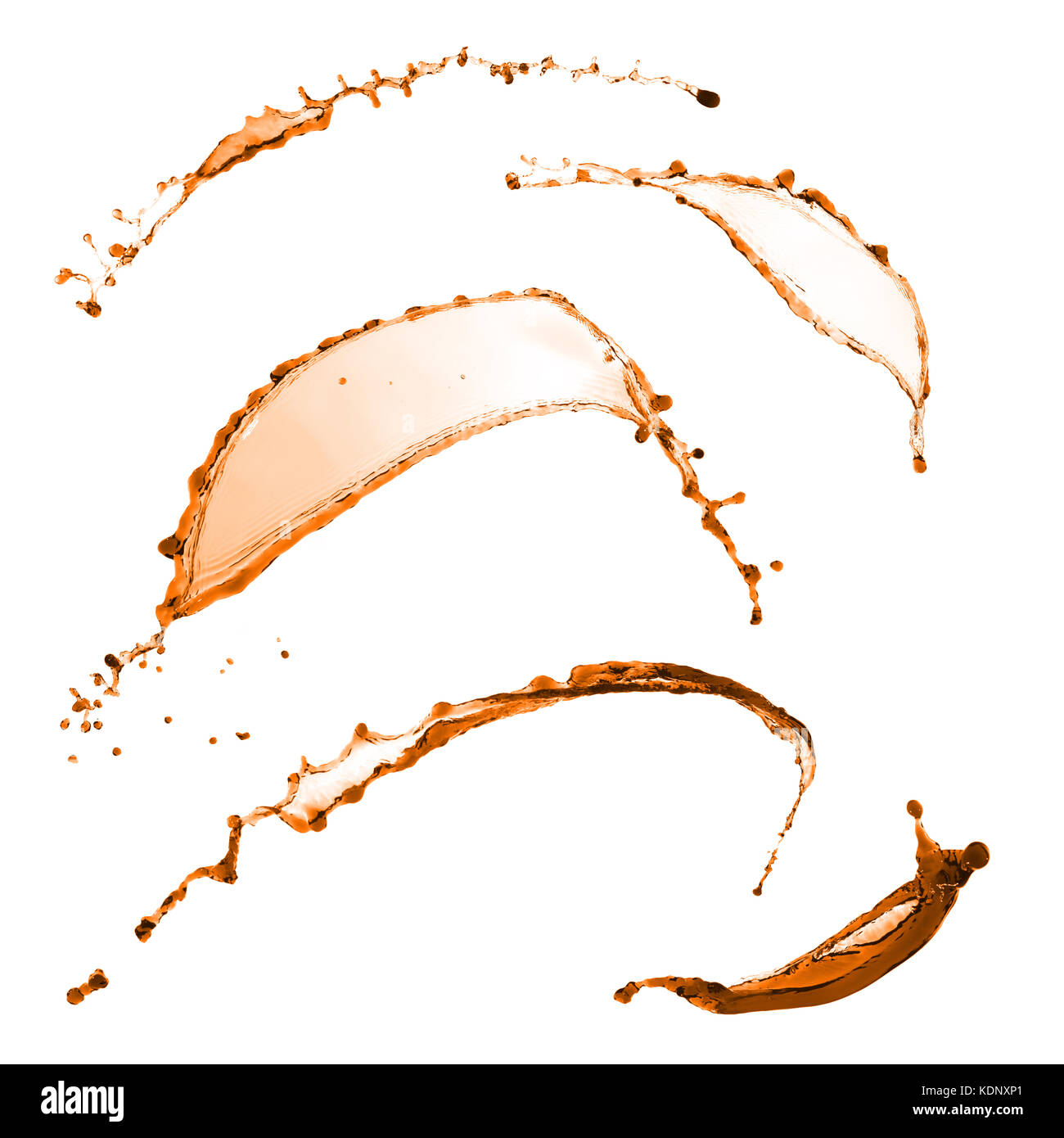 Splendid collection of flying liquid splashes orange color on white ...