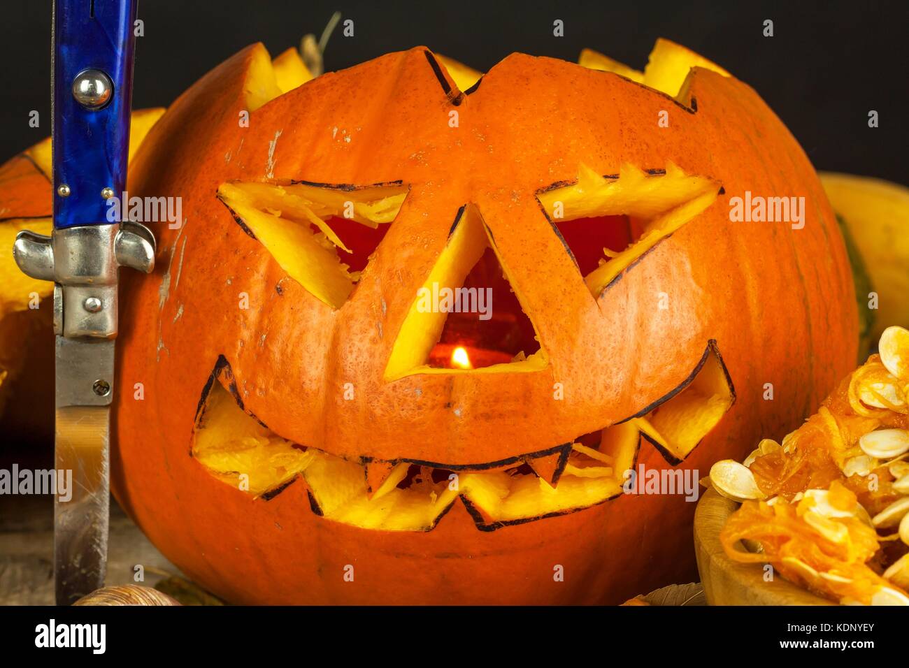 Making Jack o lantern. Carving the pumpkin. Hollowing out a scary ...