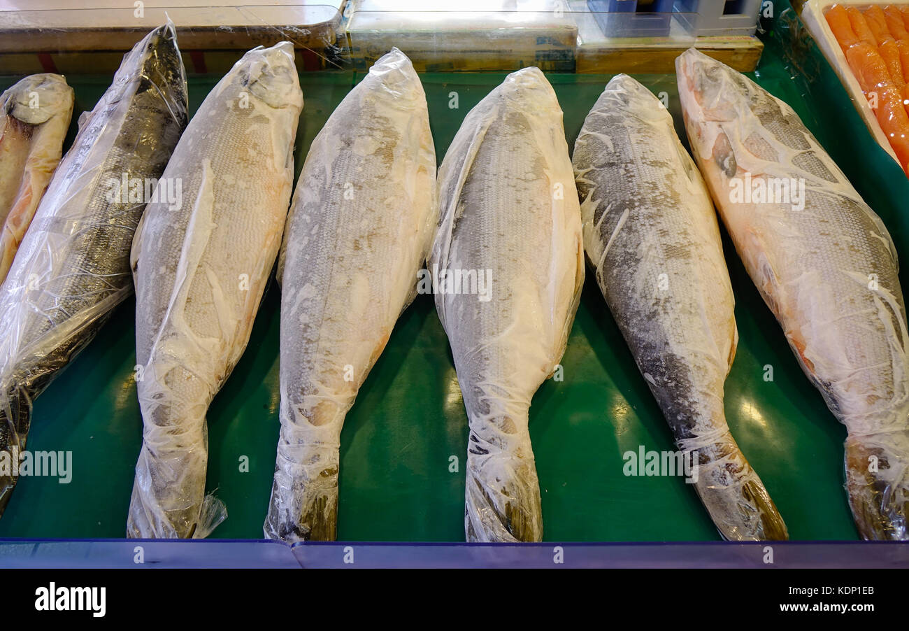 Frozen salmon fish at morning market (Asaichi) in Hakodate, Japan Stock ...
