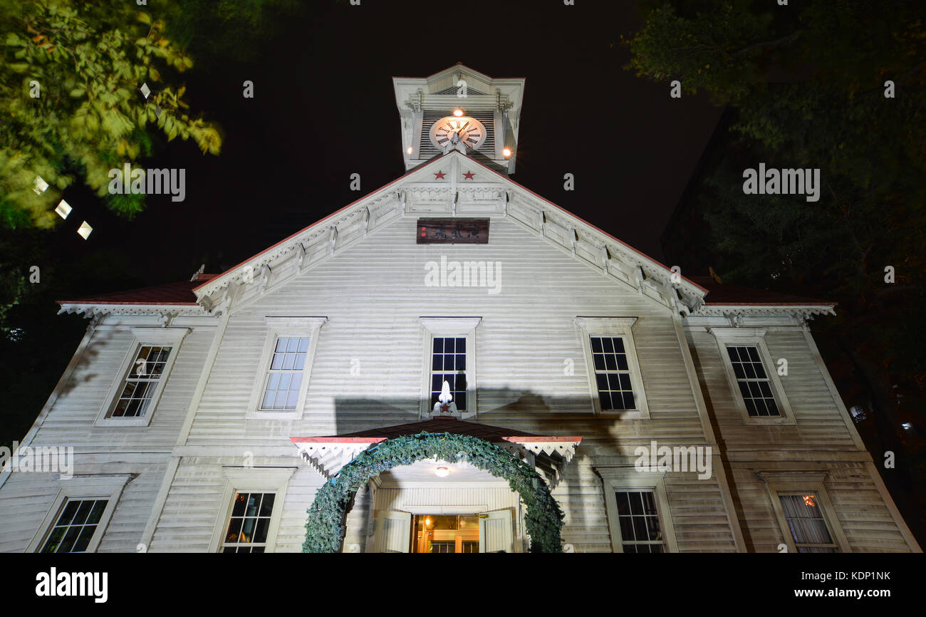 Sapporo, Japan - Oct 1, 2017. Ancient church at night in Sapporo, Japan ...