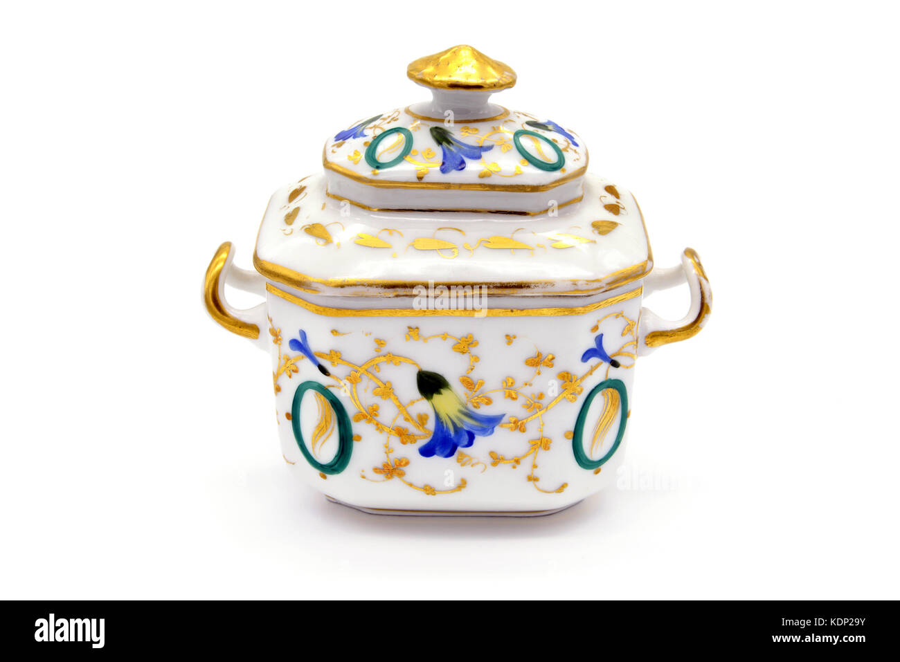 antique Biedermeier Time porcelain sugar box with flower and gold ...