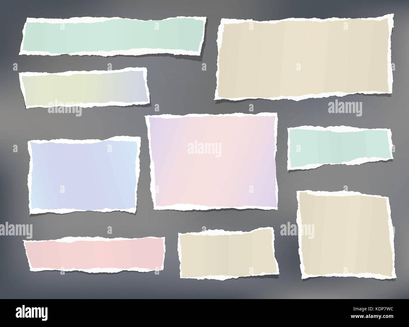 Colorful ripped striped note, copybook, notebook paper stuck on gray ...