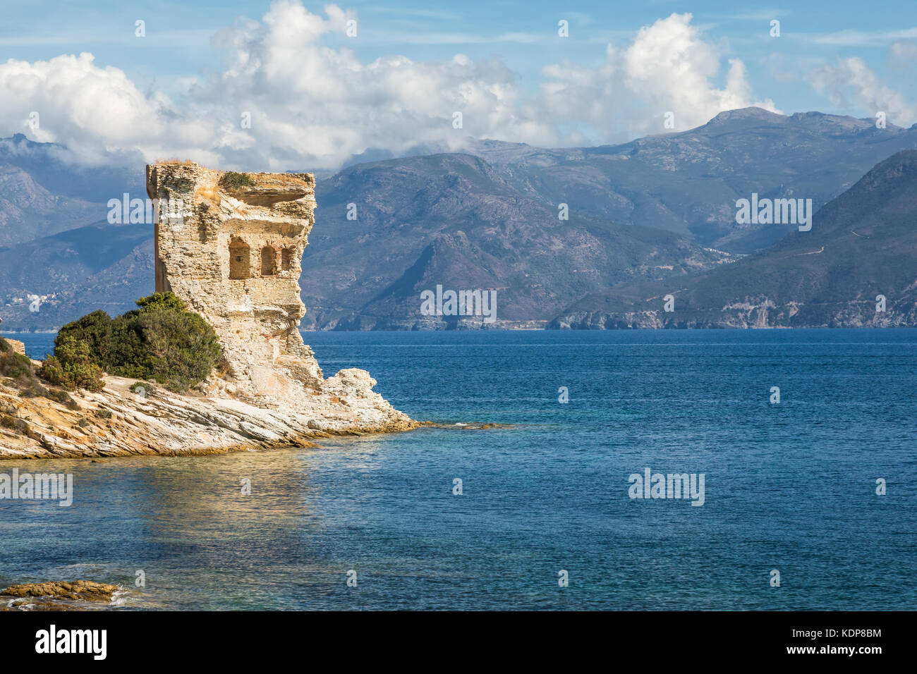 Ruins of the Genoese tower at Mortella with a turquoise mediterranean ...