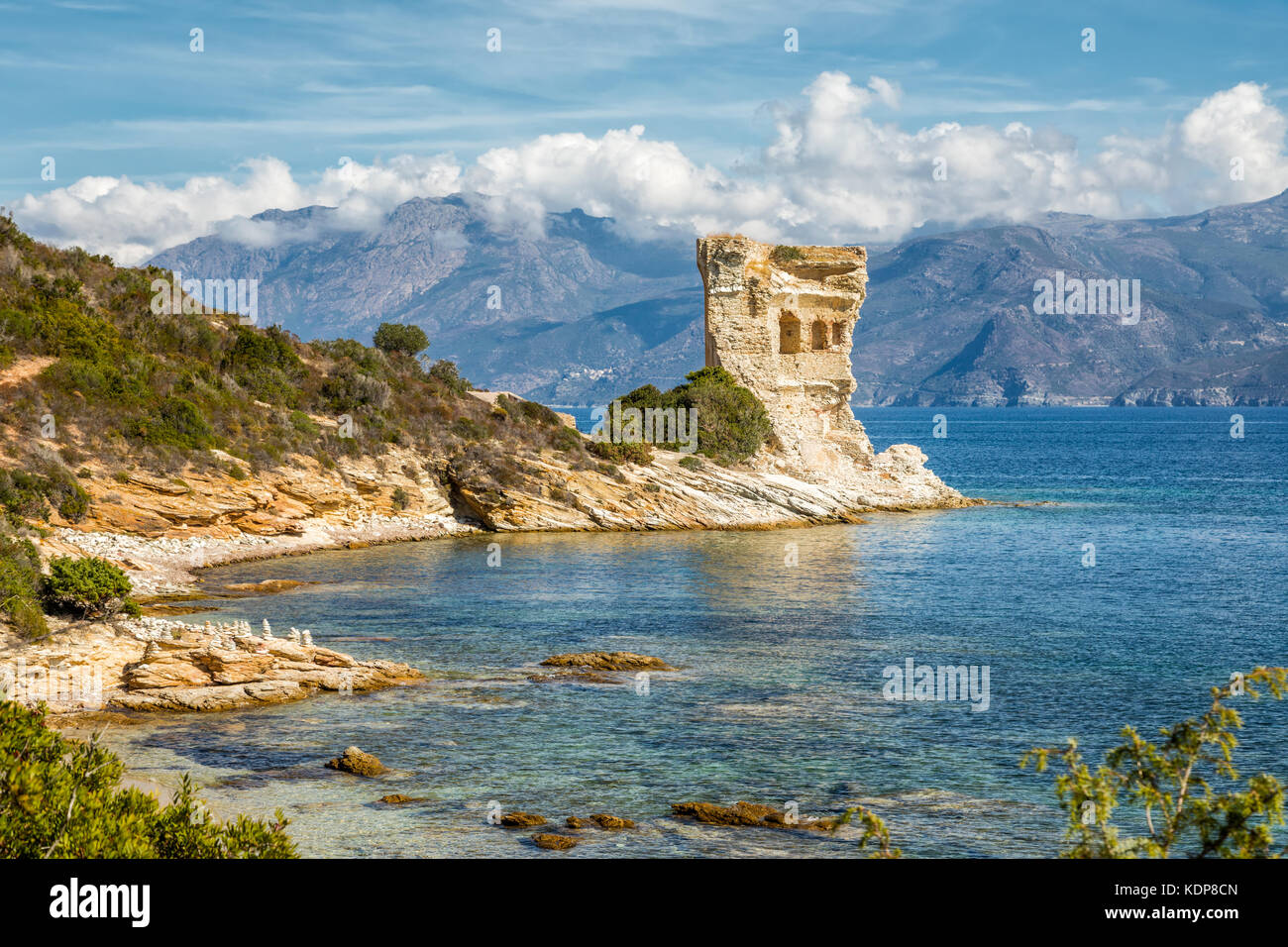 Ruins of the Genoese tower at Mortella with a turquoise mediterranean ...