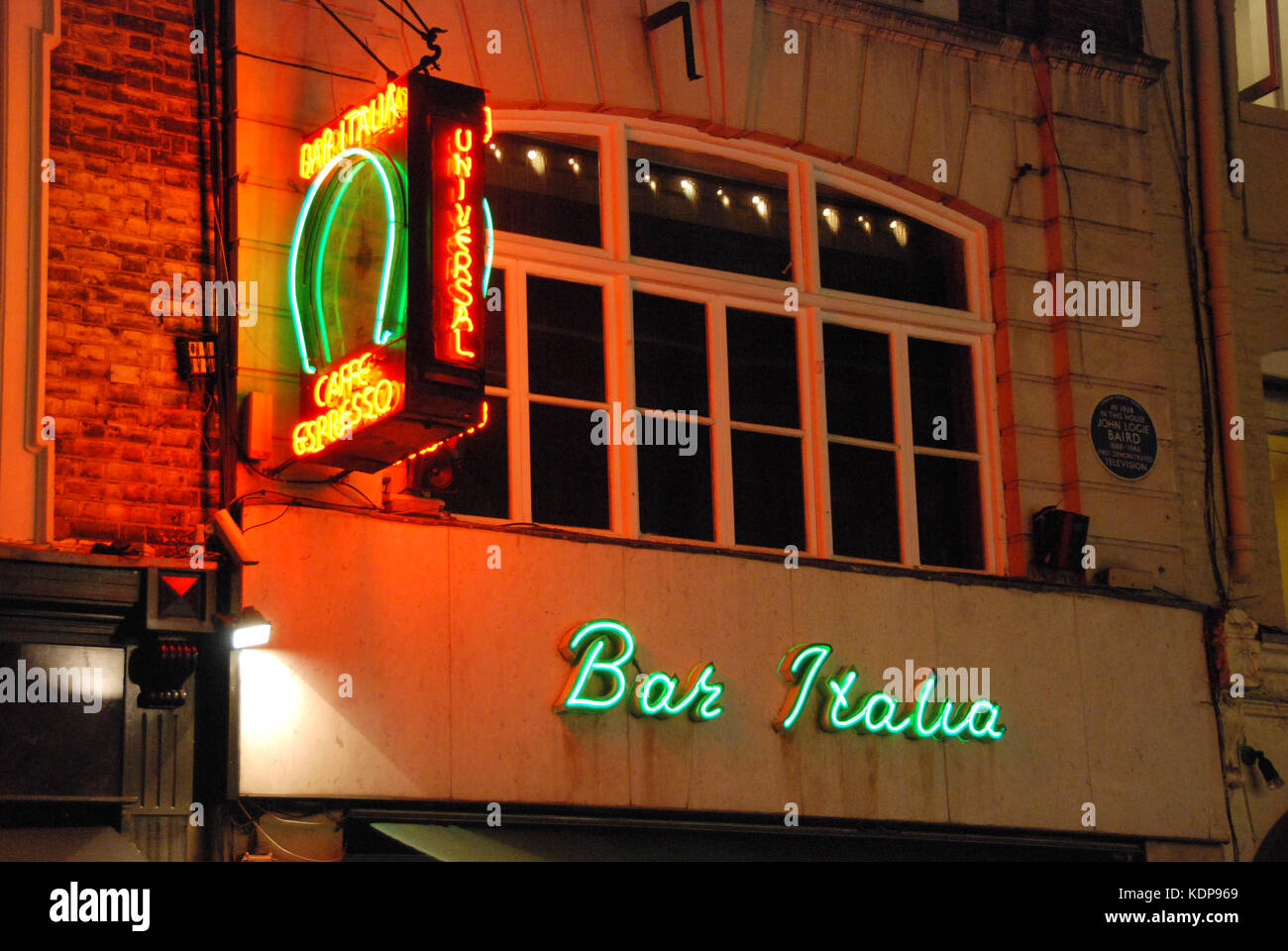 2014, night-time and the neon exterior signs of a soho instution, Bar ...