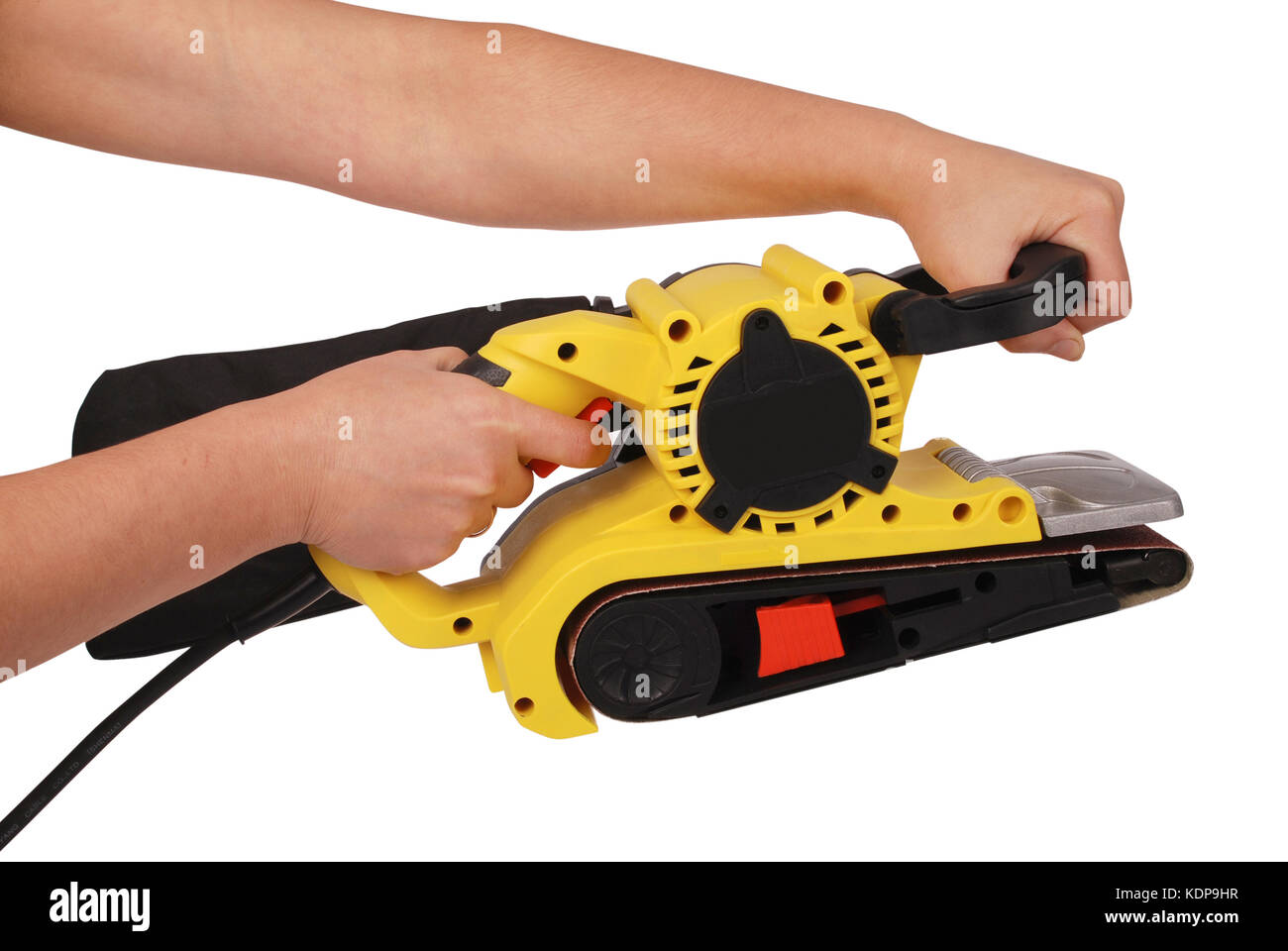 Hand holds new professional finishing sander isolated on white ...