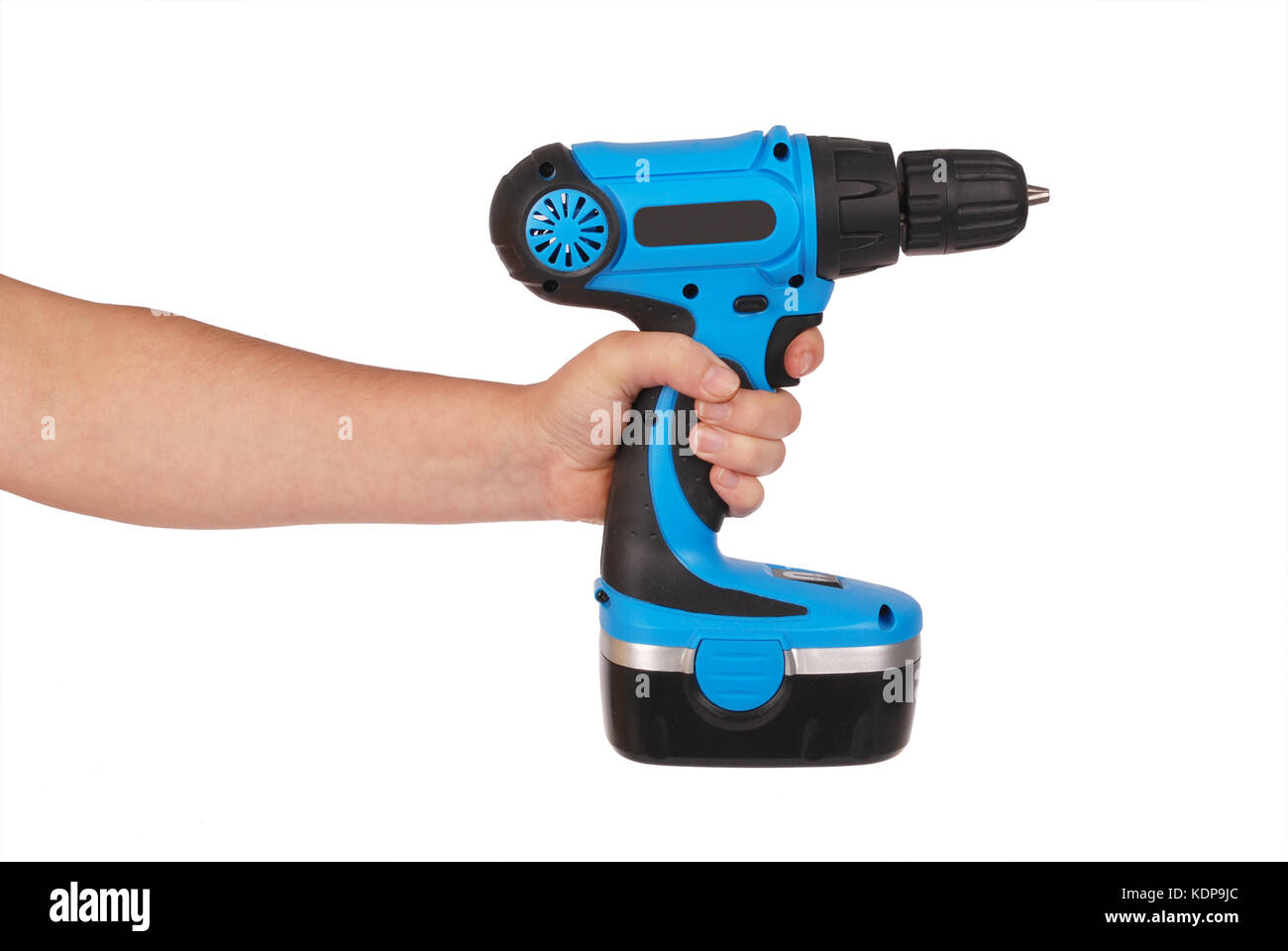 Hand holds cordless electric screwdriver with bit for screws isolated ...